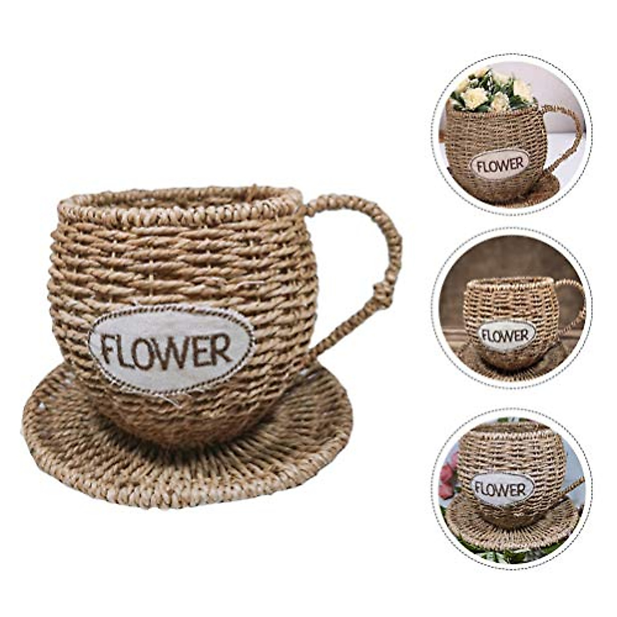 Cabilock Woven Teacup Flower Basket Rattan Woven Basket Desktop Decor Woven Flower Vase Fiddle Leaf Fig Wicker Woven Basket Dining Table Planter Water Plant Weaving Indoor Household Basket