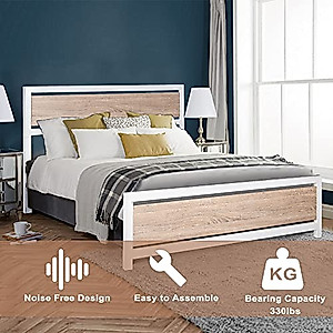 Bed Frame with Industrial Wooden Headboard and Footboard Strong Metal Support Frame Noise-Free No Box Spring Needed (White, Full)