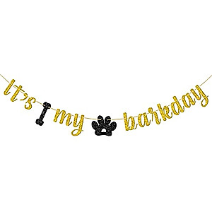 WeBenison Glitter It's My Barkday Banner, Pet Dog Birthday Banner, Puppy Birthday Party Decorations Gold & Black
