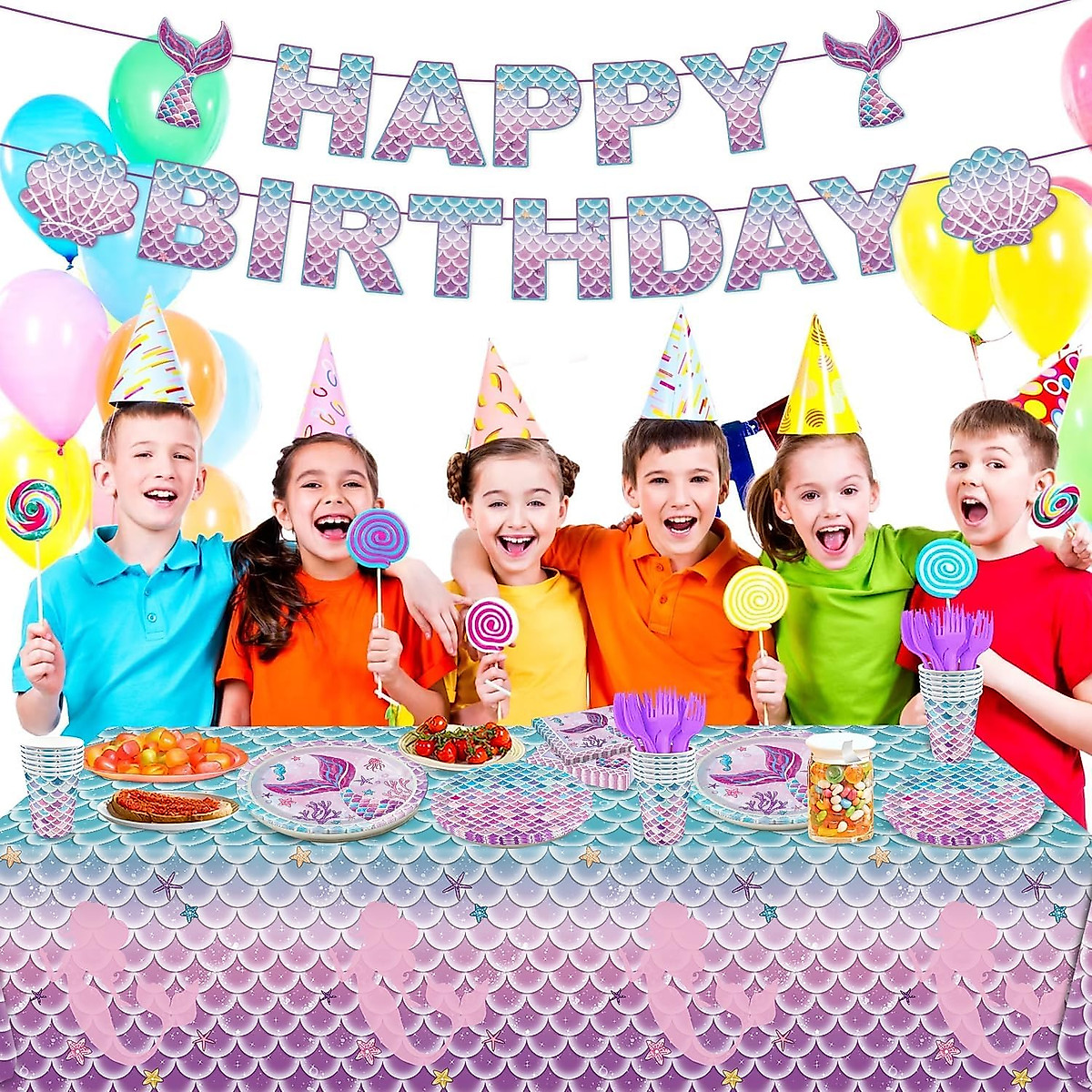 122Pcs Mermaid Birthday Party Decorations Set Mermaid Party Supplies Includes Plates, Napkin, Fork, Cup, Tablecloth, Banner for Baby Shower Ocean Birthday Party Decorations, Serves 24