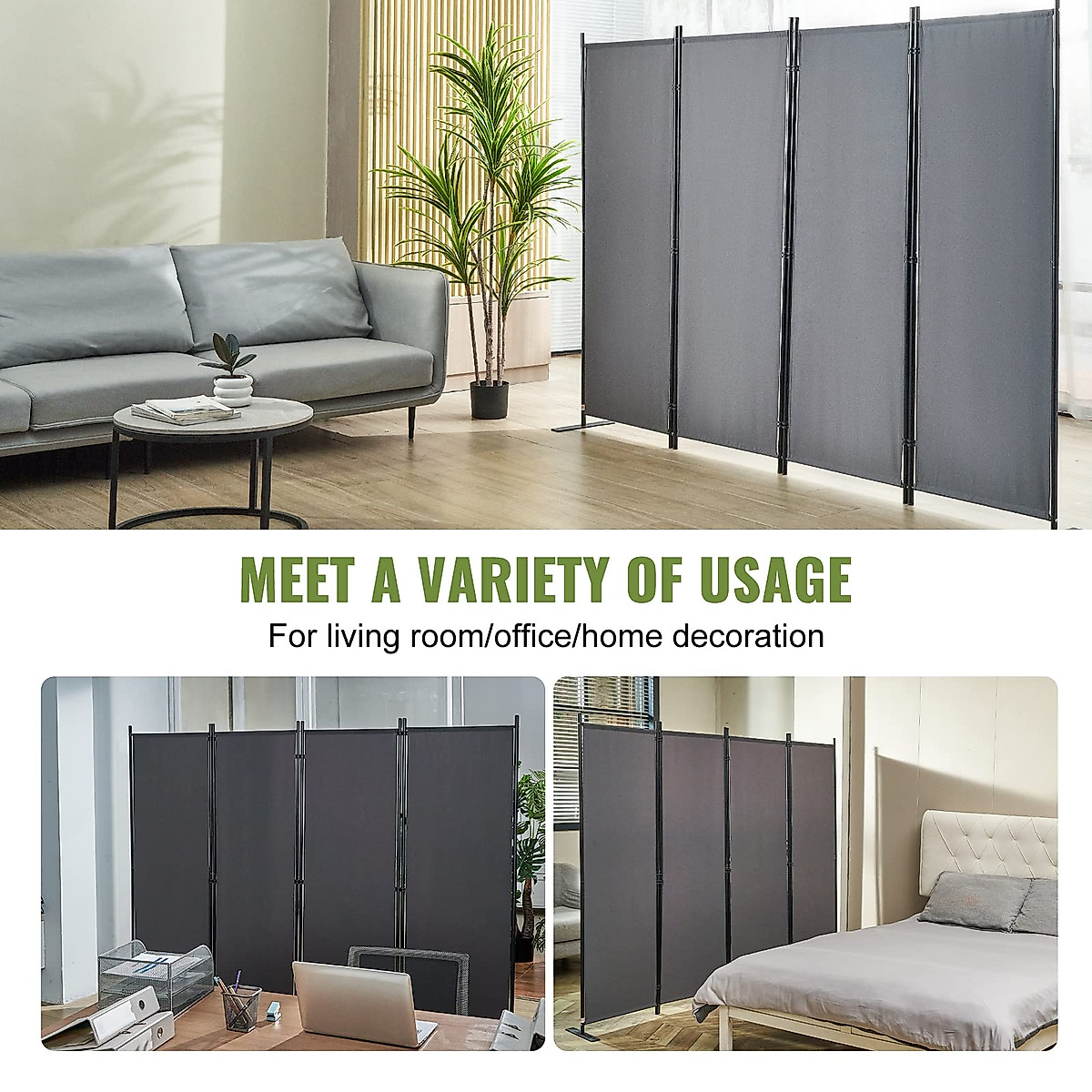 VEVOR Room Divider, 5.6 ft Room Dividers and Folding Privacy Screens (4-Panel), Fabric Partition Room Dividers for Office, Bedroom, Dining Room, Study, Freestanding, Dark Grey