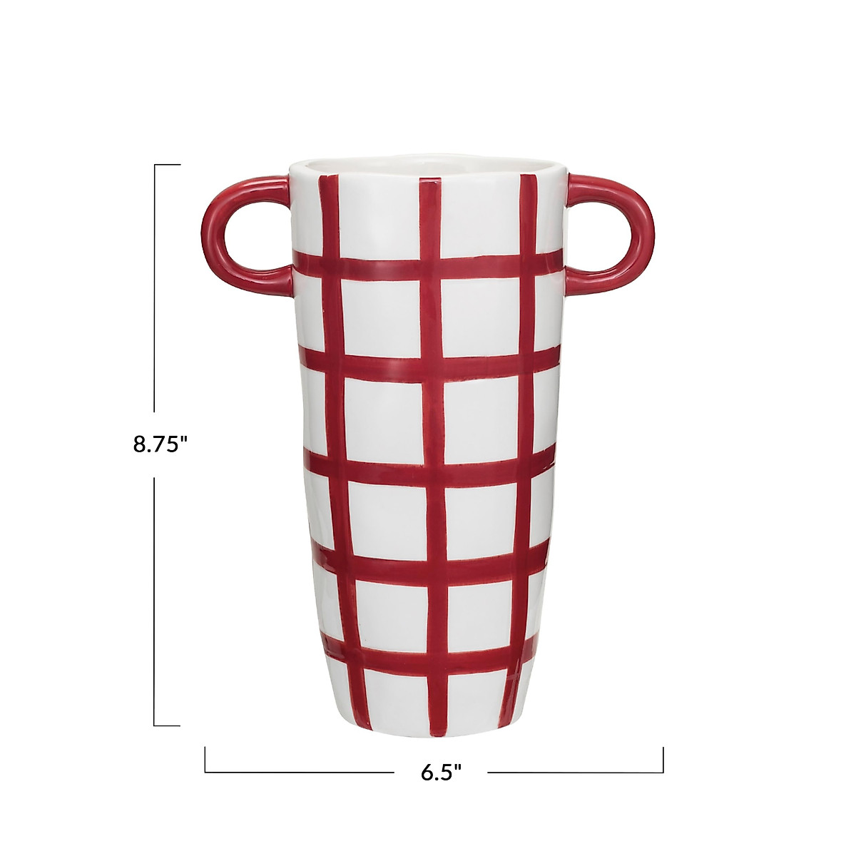 Creative Co-Op Hand-Painted Stoneware Container with Grid Pattern and Handles, Red and White