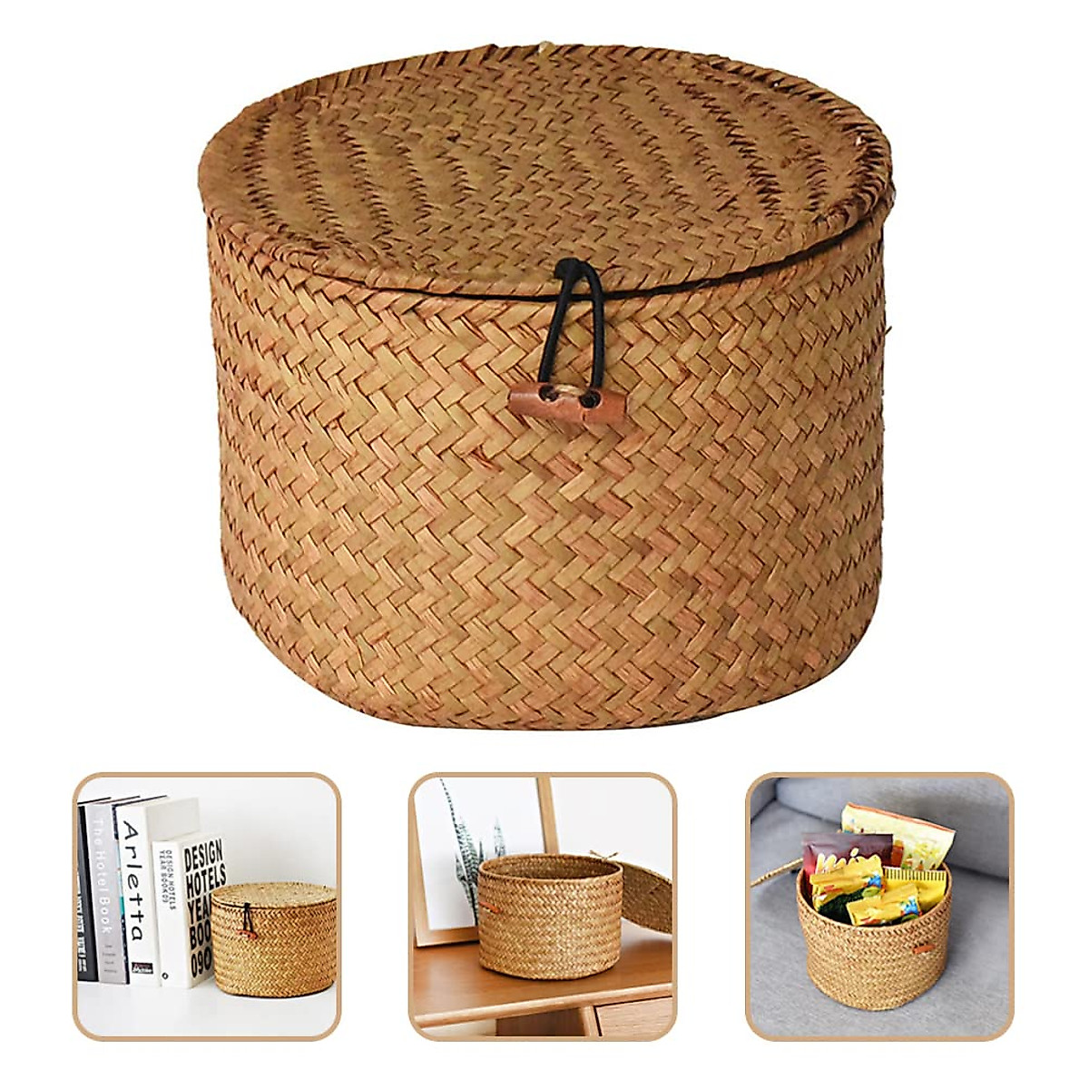 STOBAZA Wicker Storage Basket Round Storage Basket Desktop Sundries Organizer Lidded Basket Bin Gifts Basket Snacks Candy Container Toilet Paper Roll Box for Home Office Bedroom Centerpiece Tray