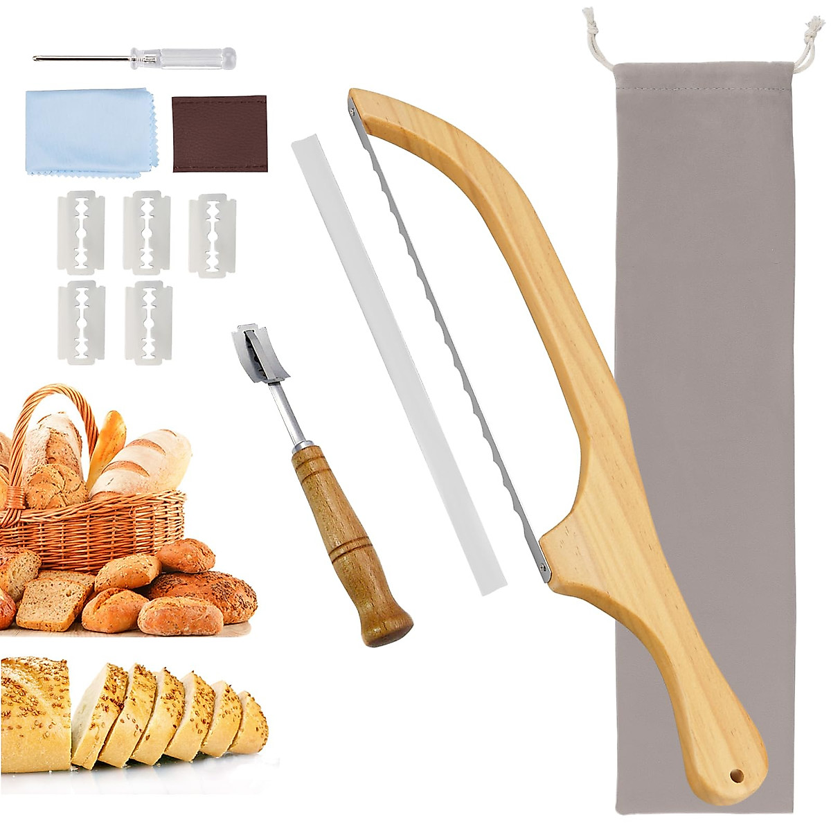 LOVLLE Bread Knife for Homemade Bread- Wooden Bread Bow Knifes sourdough Serrated Cutter Used for slicing bread include a dough whisk, scoring knife for bread baking