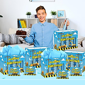 CASLON 1Pc Construction Birthday Gift Bag with Tissue Paper and Card, Blue Construction Birthday Wrapping Paper Bag Construction Truck Party Gift Bag Christmas Gift Bag for Boys Construction Birthday