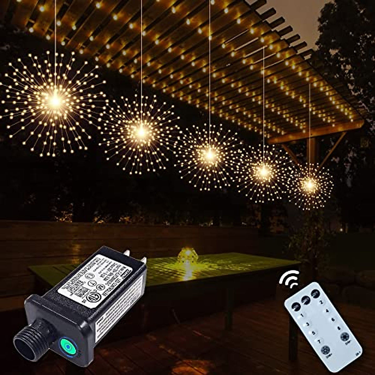 PXBNIUYA 5 Pack 1000LED Plug in Starburst Sphere Lights,Firework Lights 8 Modes Dimmable Remote Control Waterproof Hanging Fairy Light, Copper Wire Lights for Patio Party Tent Christmas (Warm White)