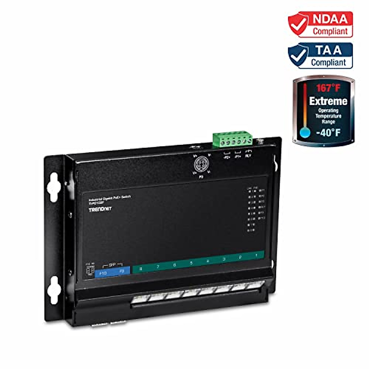 TRENDnet 10-Port Industrial Gigabit PoE+ Wall-Mounted Front Access Switch, TI-PG102F, 8x Gigabit PoE+ Ports, 2 x Gigabit SFP Slots, 240W PoE Budget, DIN-Rail & Wall Mount Brackets Included, IP40 Rated