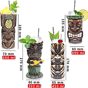 SuproBarware Tiki Mugs Set of 4– Ceramic Hawaiian Party Mugs Large Drinkware, Tiki Bar Mugs for Cocktails, Tropical Cups Drinks for Exotic Party - TJB02 (4pcs)