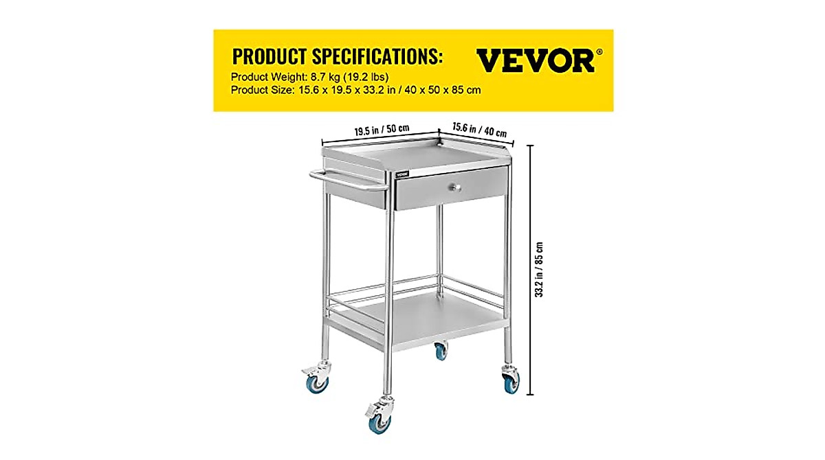 VEVOR Utility Cart - Durable Stainless Steel Rolling Cart