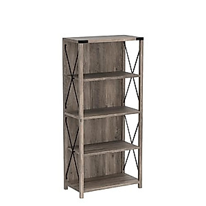 AMERLIFE 4-Tier Bookshelf, Set of 2 Tall Industrial Book Shelf, Rustic Wood & Metal X Frame Farmhouse Bookcase & Bookshelves, for Living Room, Bedroom, Grey Wash