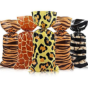 120 Pieces Jungle Animal Treat Bags, Wild Giraffe Cheetah Zebra Tiger Print Cellophane Plastic Candy Bags Goodie Favor Bags with 100 Silver Twist Ties for Jungle Safari Zoo Birthday Party Supplies
