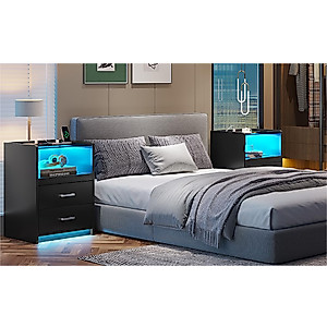 AOGLLATI LED Nightstand Set of 2 with Charging Station, Night Stand with Pull-Out Shelf, 2 Drawers, Bedside Table with LED Lights, Modern End Table with USB Ports Outlets, 2 Pack, Black