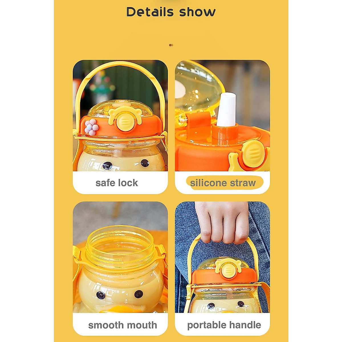 Large Cute Duck Water Bottle with Straw and Strap 34oz Kawaii Duck Water Bottle with 3D Stickers for Kids Toddler Girls School Sports Travel Leakproof Portable Handle Hot and Cold Bottles (Yellow)