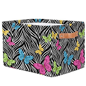Large Collapsible Storage Bins ,Butterfly Zebra Pattern Decorative Canvas Fabric Storage Boxes Organizer with Handles，Rectangular Baskets Bin for Home Shelves Closet Nursery Gifts