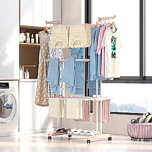 TOOLF Foldable Clothes Drying Rack, 4-Tier Drying Rack Clothing, Laundry Drying Rack with Foldable Wings, Space Saving Laundry Rack, Pink