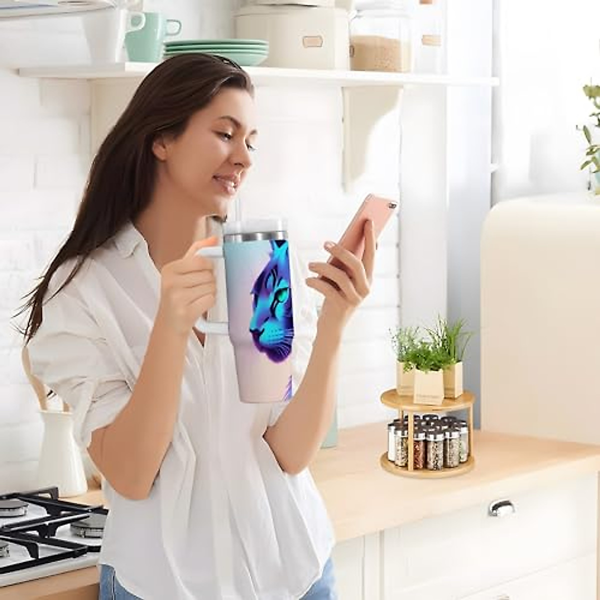 Nexawaveo Blue Hued Cat Tumbler With Handle And Straw 30-40oz Insulated Tumbler Cups With Lid Stainless Steel for Cold Water and Drinks for School Work Sports Car Travel and Weekends