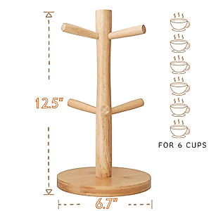 E-ROOM TREND Mug Holder 1 Pack Dia 6.7" Large Thicken Base Steady Wood Coffee Cup Rack with 6 Hooks Stand for Countertop Coffee Bar Accessories and Decor Coffee Organizer Station(MH171)