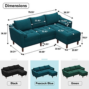 Belffin Reversible Sectional Sofa Couch Mid-Century Modern Velvet L Shaped Sofa 3-Seat Sofa Sectional with Reversible Chaise Foot Rest for Apartment and Small Space Peacock Blue