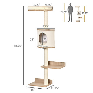 PawHut 4-Level Wall-Mounted Cat Tree Activity Tower, Wall Cat Shelves with Sisal Rope Scratching Posts, Cat Condo and Bed, Light Brown