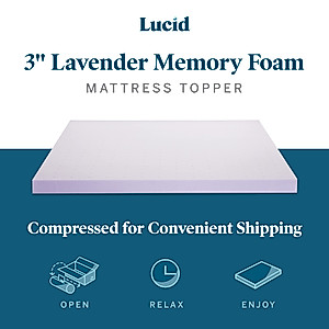 LUCID 3 Inch Lavender Infused Memory Foam Mattress Topper - Ventilated Design - Queen Size