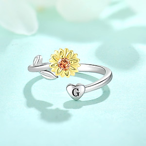 STARCHENIE Sunflower Initial Ring for Women 925 Sterling Silver Letter G Alphabet Adjustable Ring Size 7
