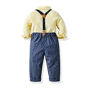 FAXSON Little Boys Gentleman Outfit Baby Boys Long Sleeve Bow Tie Shirts+Suspenders Pants Suits(Yellow,120/5T)