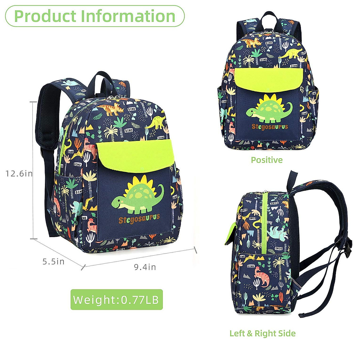 willikiva Cute Zoo Little 2d Backpack Kid Backpacks for Girls and Boys Toddler Backpack Waterproof Preschool Safety Harness Leash(Green Dinosaur)