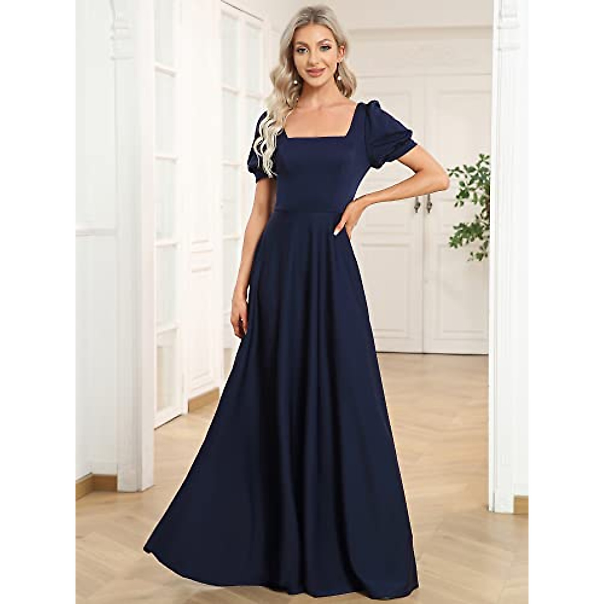 Ever-Pretty Women's Square Neck Short Sleeves Open Back A Line Maxi Holiday Dresses for Women Navy Blue US14