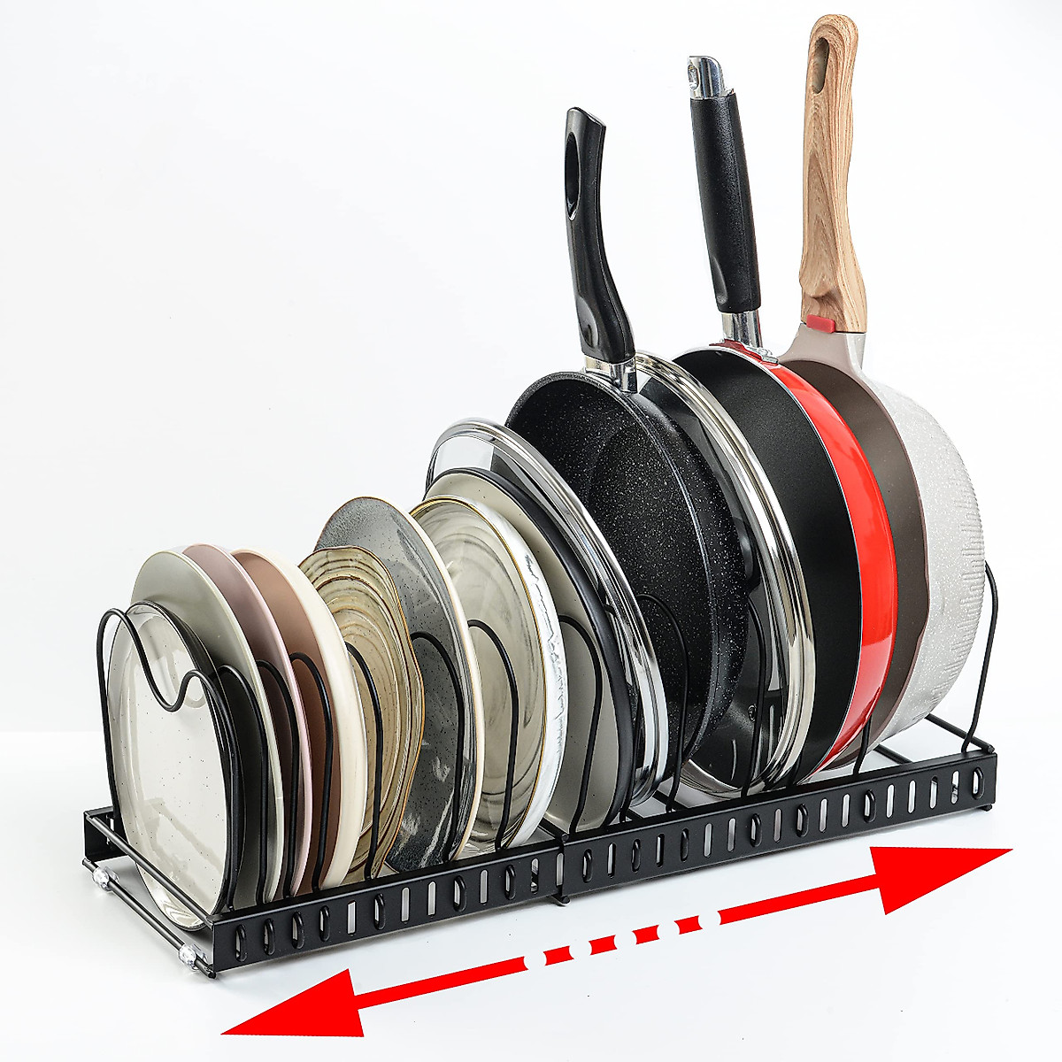 Kaiihome Pots Lid Organizer Rack - Expandable Pot and Pan Organizer for Pot Lids, Pans, Cutting Boards, Extended 12 to 23 inches - 13 Compartments