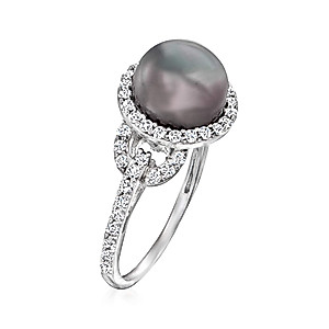 Ross-Simons 8.5-9mm Black Cultured Pearl and .50 ct. t.w. CZ Ring in Sterling Silver. Size 6