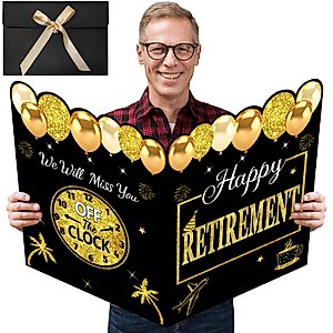 Kuxriox Happy Retirement Party Decorations Card for Men Women, Black Gold Large Retirement Card With Envelope, Jumbo Happy Retired Guest Book Greeting Card, Giant Farewell Retired Card Gifts