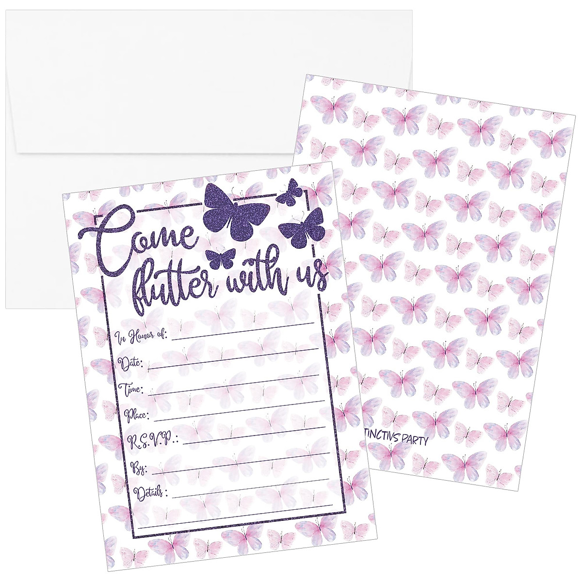 DISTINCTIVS Butterfly Birthday Party Invitations - Purple Butterfly Wishes - 10 Fill In Invite Cards with Envelopes - Come Flutter With Us Themed Party Supplies