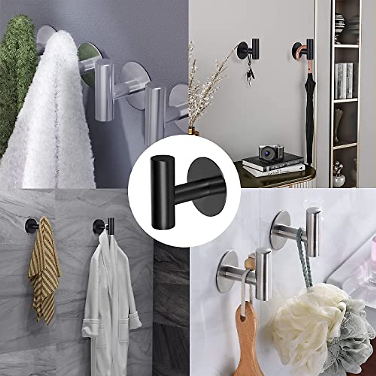 Towel Hook for Bathrooms Adhesive 2 Packs, Coat Hooks for Hanging Clothes, Heavy Duty Robe Towel Hangers for Shower Door Wall Mounted, Key Holder Wall Command Hook for Kitchen (Matte Black)