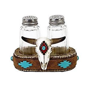 Western Cow Steer Skull Salt and Pepper Shaker Set with Holder