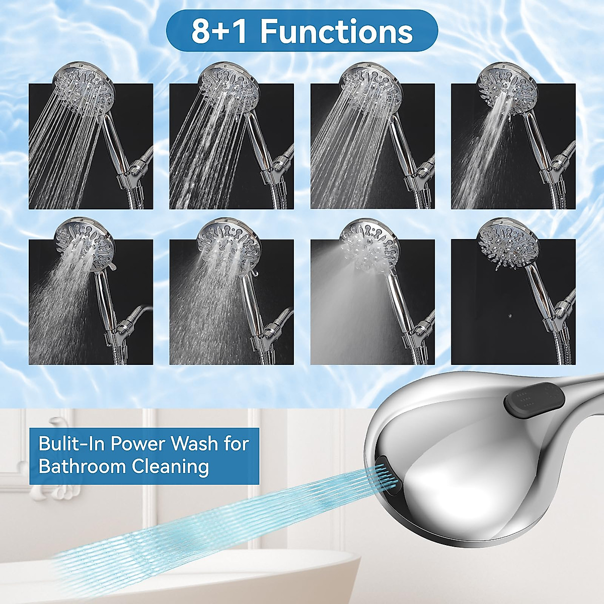 Rain Shower Head with Handheld Spray, MakeFit High Pressure Rainfall Shower Head & 9 Modes Handheld Showerhead Power Wash, 2-IN-1 Dual Shower System with Stainless Steel Hose