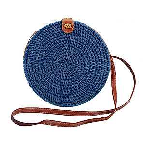 SHAREYOIU Candy Colors Handwoven Round Rattan Shoulders Handbags Natural Chic Hand Tropical Beach Style with Leather Strap (Big，7.87x 3.2 inch, 1#Blue)