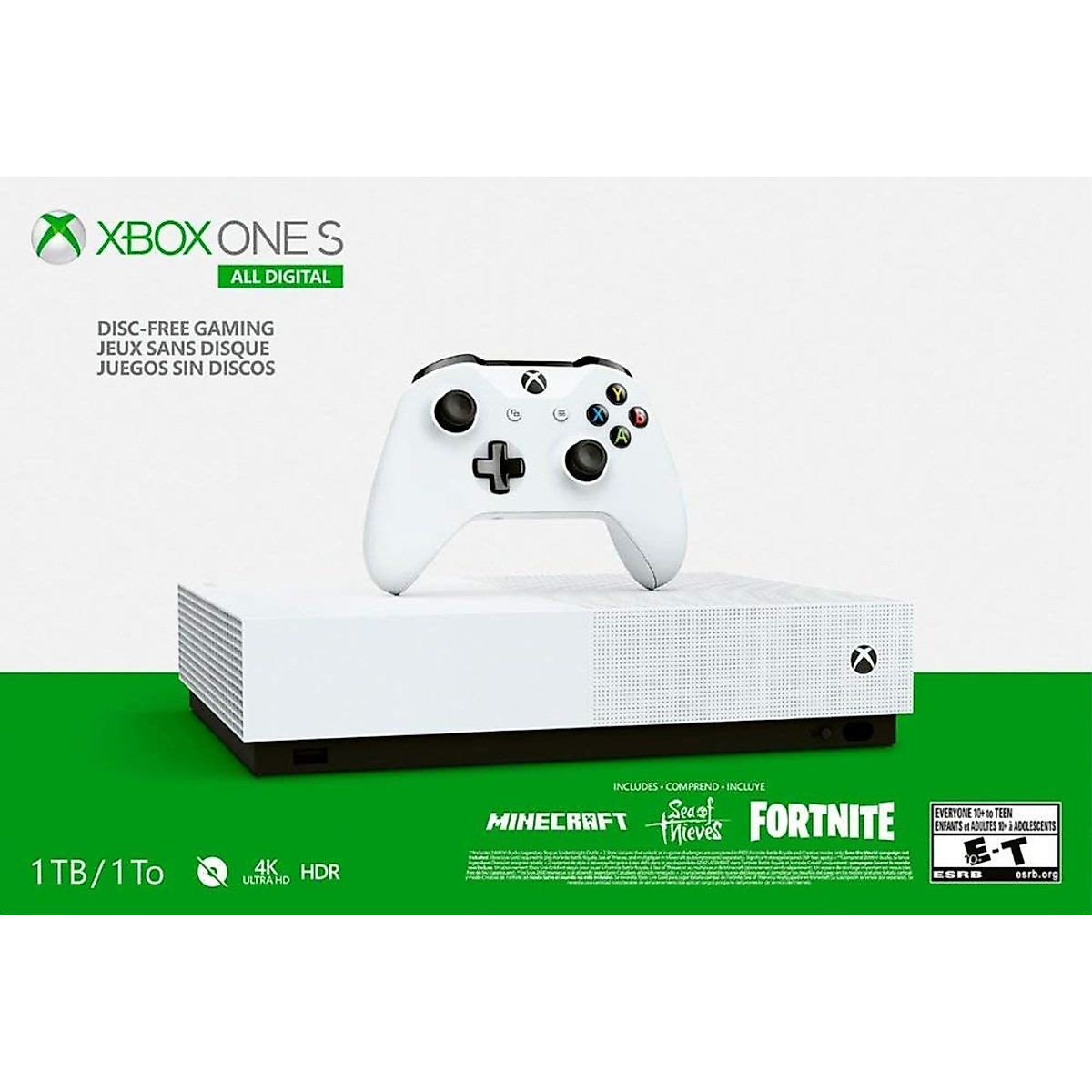 Xbox One S 1TB All-Digital Edition Two Controller Bundle, Xbox One S 1TB Disc-Free Console, 2 Wireless Controllers, Download Codes for Minecraft, Sea of Thieves and Fortnite Battle Royale (Renewed)