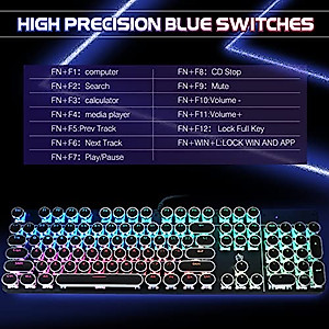 YSCP Typewriter Style Mechanical Gaming Keyboard RGB Backlit Wired with Blue Switch Retro Round Keycap 104 Keys Keyboard (Writertype Keyboard-104keys Black)
