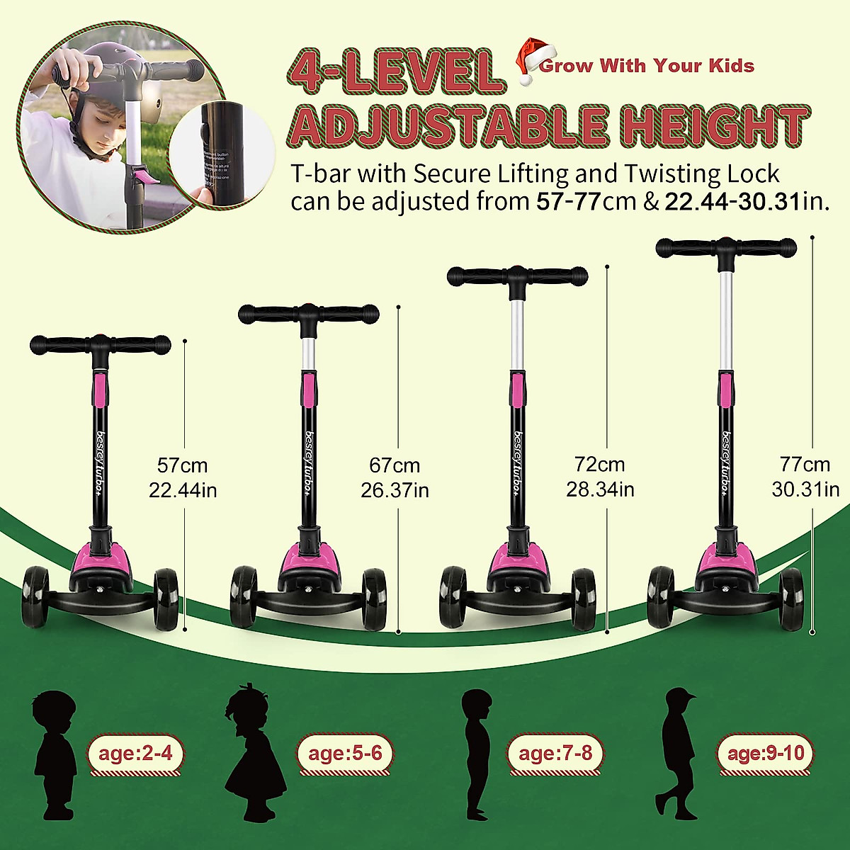 besrey Kick Scooter for Kids Ages 3-10, 3 Wheel Scooter for Kids with Adjustable Height, Folding Kids Scooter with LED Light Wheels Rear Brak Extra Wide Deck Outdoor Activities for Boys/Girls (Pink)