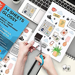 Premium Printable Vinyl Sticker Paper for Inkjet & Laser Printer - 34 Sheets Self-Adhesive Sheets Glossy White Waterproof, Dries Quickly Vivid Colors, Holds Ink well- Tear Resistant (Glossy)