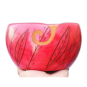 Premium Wooden Yarn Bowl for Crocheting & Knitting 7" x 4" - Large Yarn Bowl Holder - Wooden Yarn Storage Bowl - Crocheting Accessories & Gifts for Mom - Leaves Design Pink