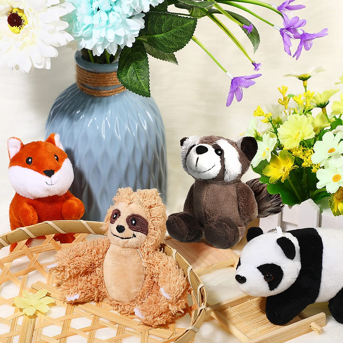 Threan 6 Pcs Woodland Animal Jungle Animal 4 Inch Small Plush Toy Forest Safari Stuffed Animals Set, Panda, Raccoon, Sloth, Big Tail Squirrel, Fox, Hedgehog Animals for Kids Student Award