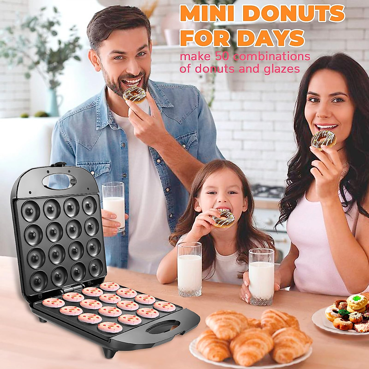 Mini Donut Maker, 16 Holes Small Doughnuts Maker Machine, Mini Pancake Maker for Kid-Friendly Breakfast, Snacks, Desserts & More with Non-stick Surface, Double-sided Heating