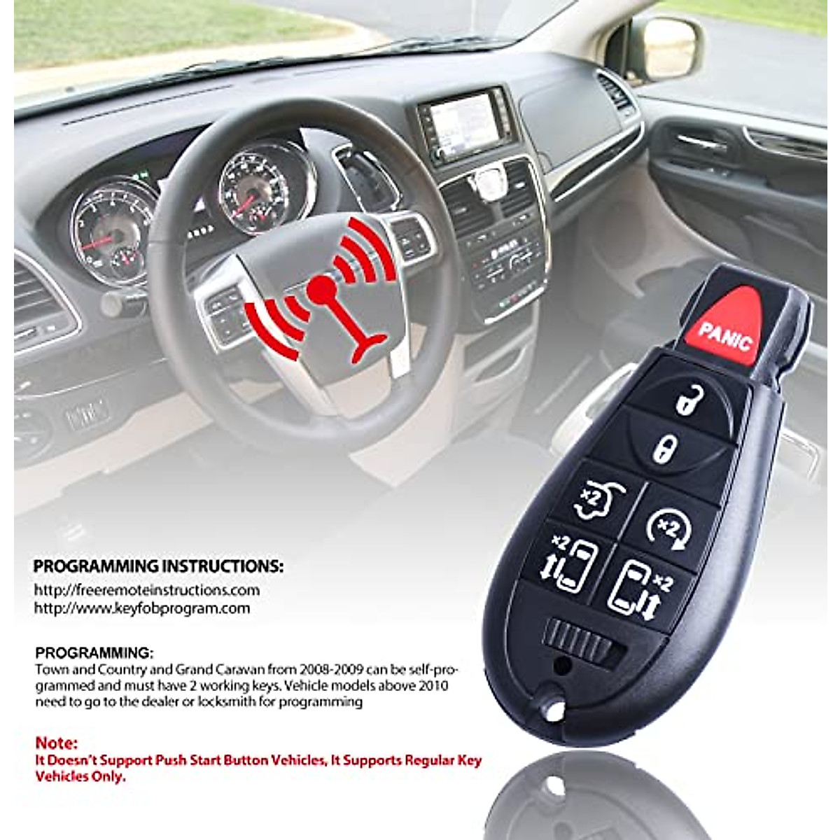 OEM Keyless Entry Remote Key Fob Replacement fit 2008-2019 Dodge Grand Caravan, 2008-2016 Chrysler Town and Country (M3N5WY783X IYZ-C01C 433MHZ 7Btn) Set of 2