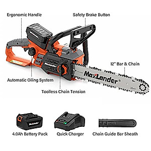 12-Inch Cordless Battery Operated Chainsaw with 1x4.0Ah Battery&Charger, MAXLANDER 20V Electric Chainsaw with Auto-Tension & Auto-Lubrication, Lightweight Handheld Chainsaw for Wood Cutting & Trimming