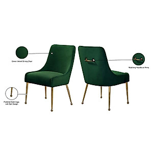 Meridian Furniture Owen Collection Modern | Contemporary Velvet Upholstered Dining Chair with Polished Gold Legs, Set of 2, 24" W x 21" D x 34.5" H, Green