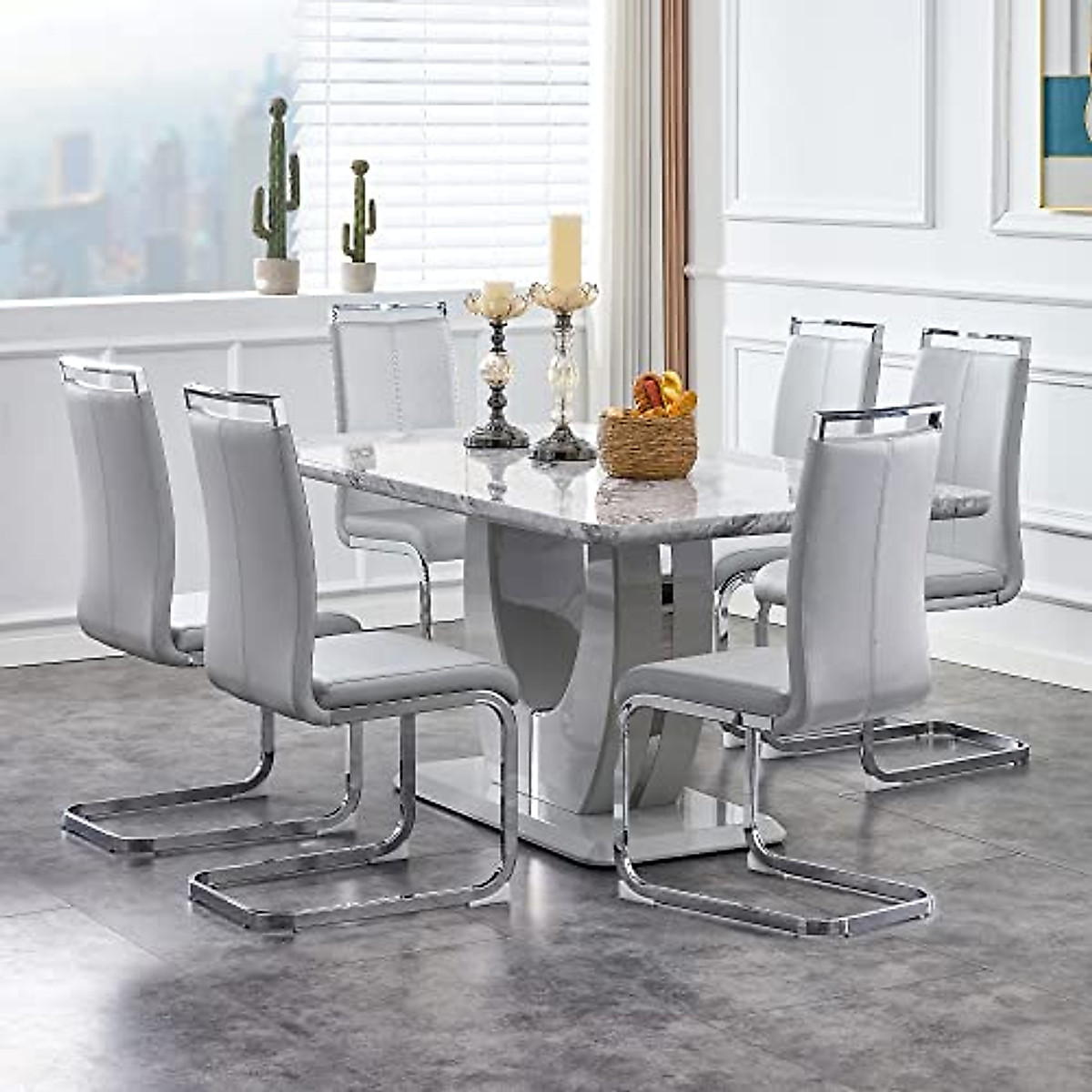 Maotifeys Grey Marble Dinner Table Set for 6 Mid-Century Rectangular Dining Room Table and Chair Set 7-Piece Kitchen Table Set with a Faux Marble Dining Table and 6pcs Light Grey PU Leather Chairs
