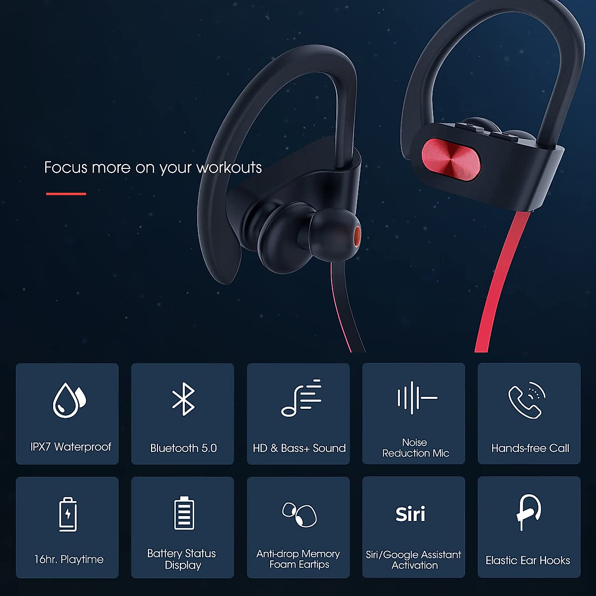 Bluetooth Headphones V5.0, Flame Running Headphones w/16 Hrs Playtime, Bass+ HD Stereo Wireless Sports Earphones w/IPX7 Waterproof Earbuds in Ear for Workout, Gym w/CVC6.0 Noise Cancelling Mic Red