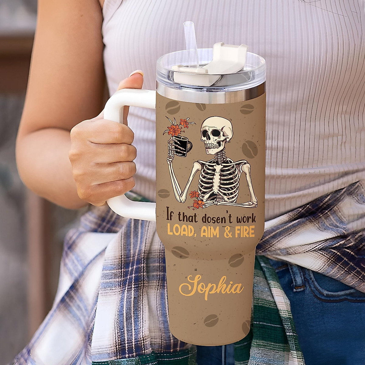 Hyturtle Personalized Goth Skull Tumbler - Gifts For Skeleton Lovers - Horror Lovers Gifts - Halloween Holiday Gifts For Women - Skeleton Gifts - Custom Name Travel Coffee Cup 40oz With Lid And Straw