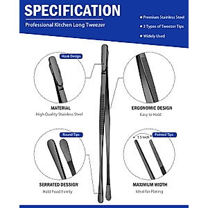 JETKONG 4 Pcs Kitchen Tweezers, 12'' and 10'' Stainless Steel Cooking Tweezers Set, High-Precision Tweezers Tongs for Cooking, Repairing, Seafood and BBQ (Black)